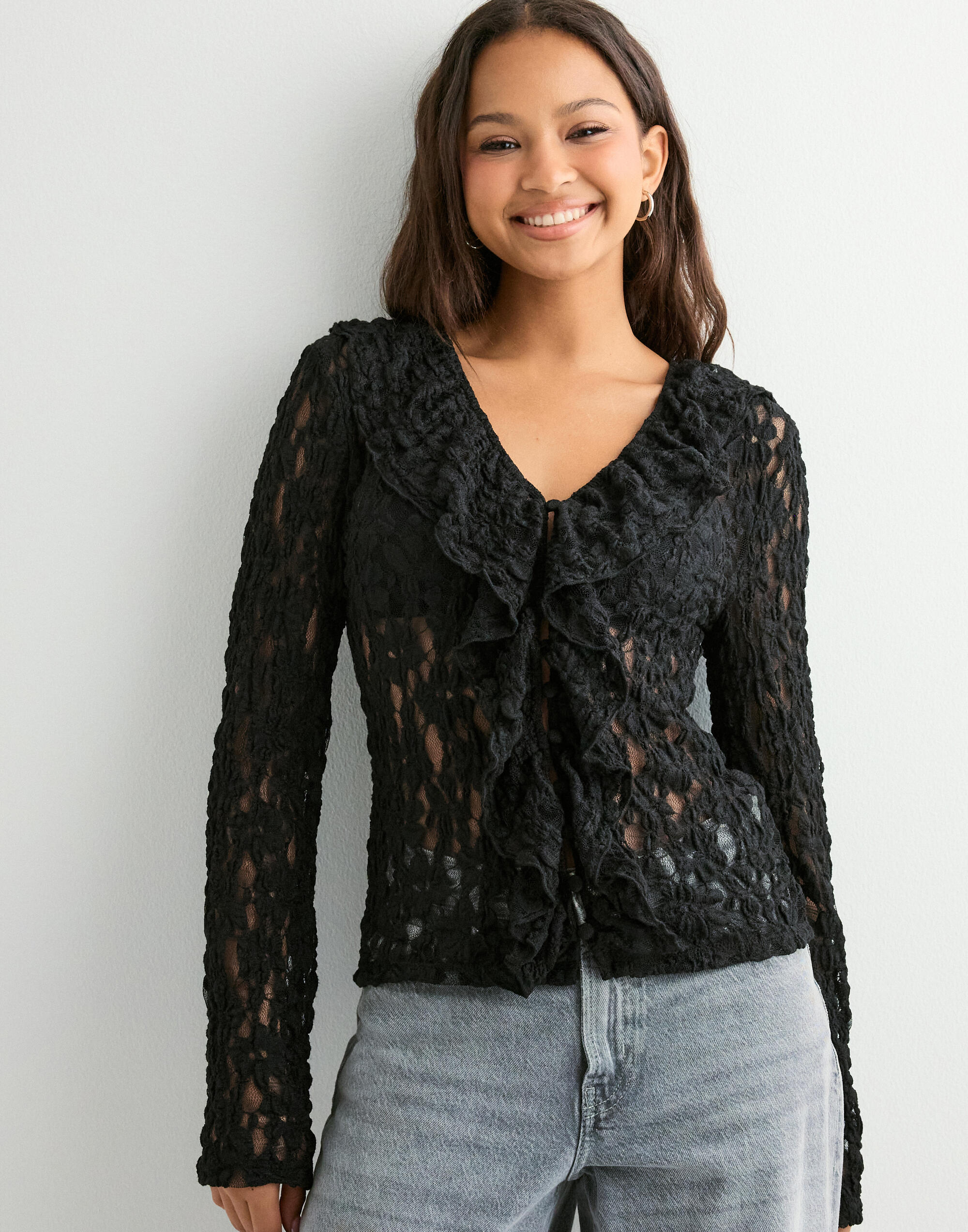 Køb Vero Moda AWKIENNA LS V-NECK LACE TOP - Black | Nelly.com