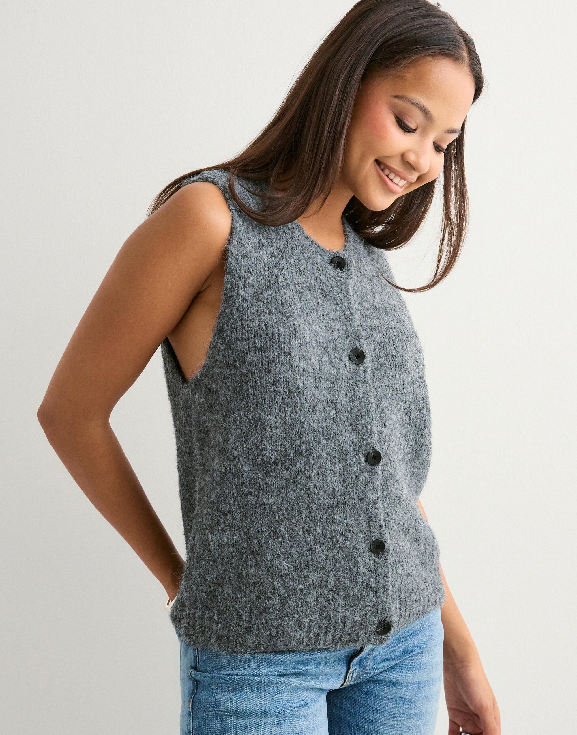 Buy Vero Moda VMNOVAH SL O-NECK BUTTON VEST NOOS - Dark Grey Melange ...