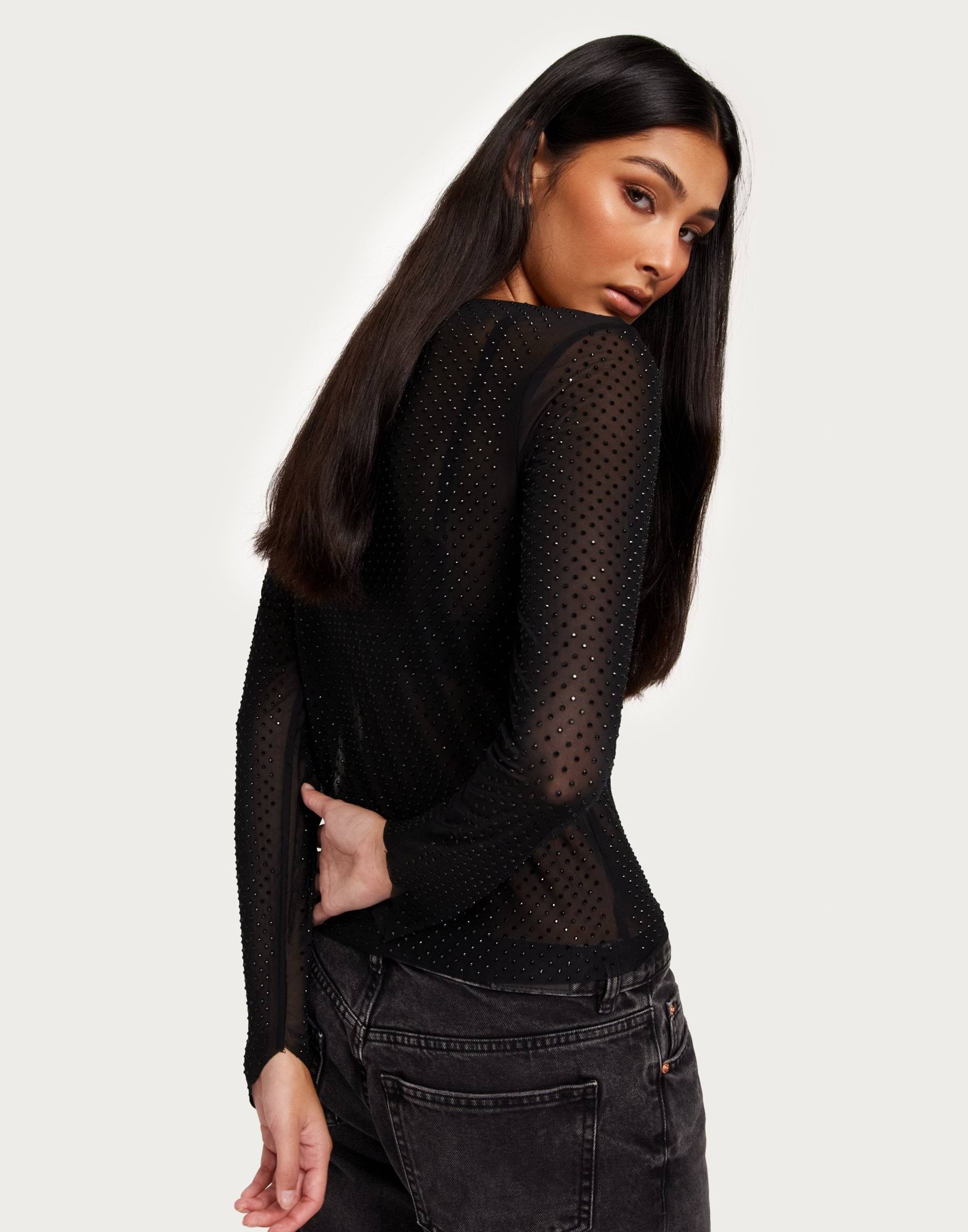 Osta Gina Tricot Mesh Rhinestone Top - Black | Nelly.com