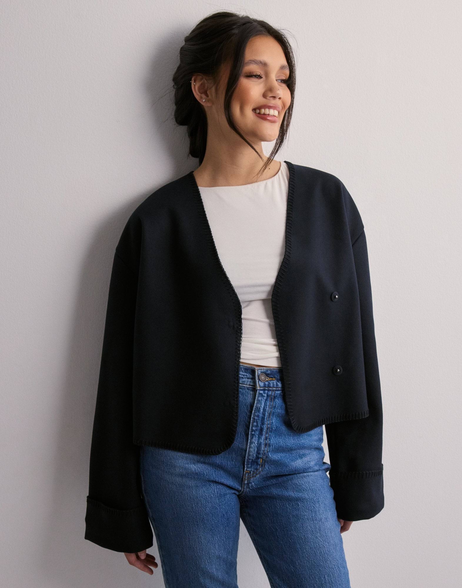 Köp Gina Tricot Blanket stitch jacket - Navy | Nelly.com