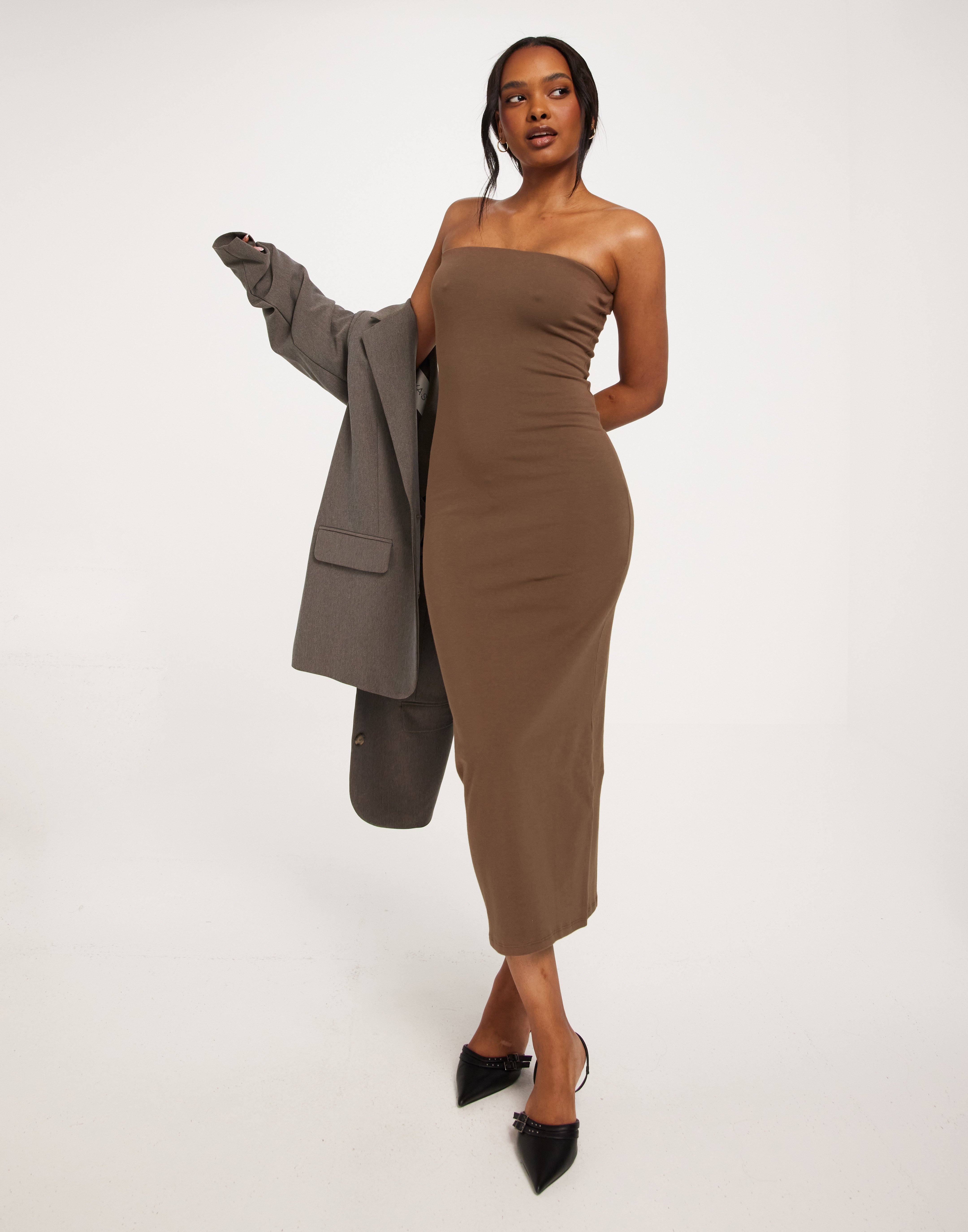 Kjøp Nelly Plain Midi Bustier Dress - Brown | Nelly.com
