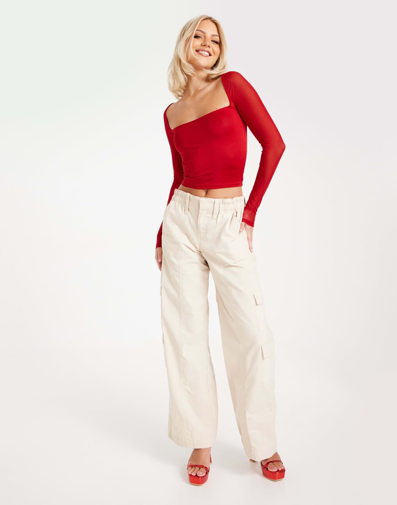 Buy Nelly Mesh Sleeve Square Top - Red | Nelly.com
