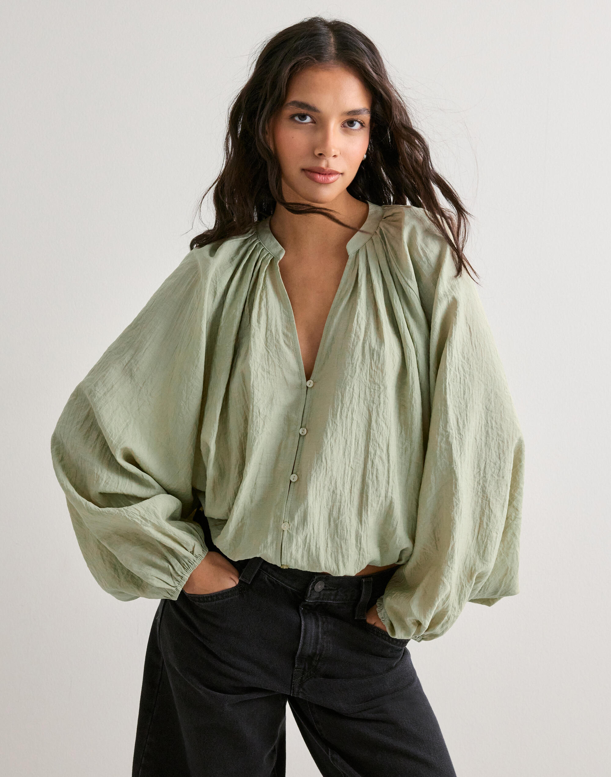 Buy Nelly Button Blouson Blouse - Green | Nelly.com