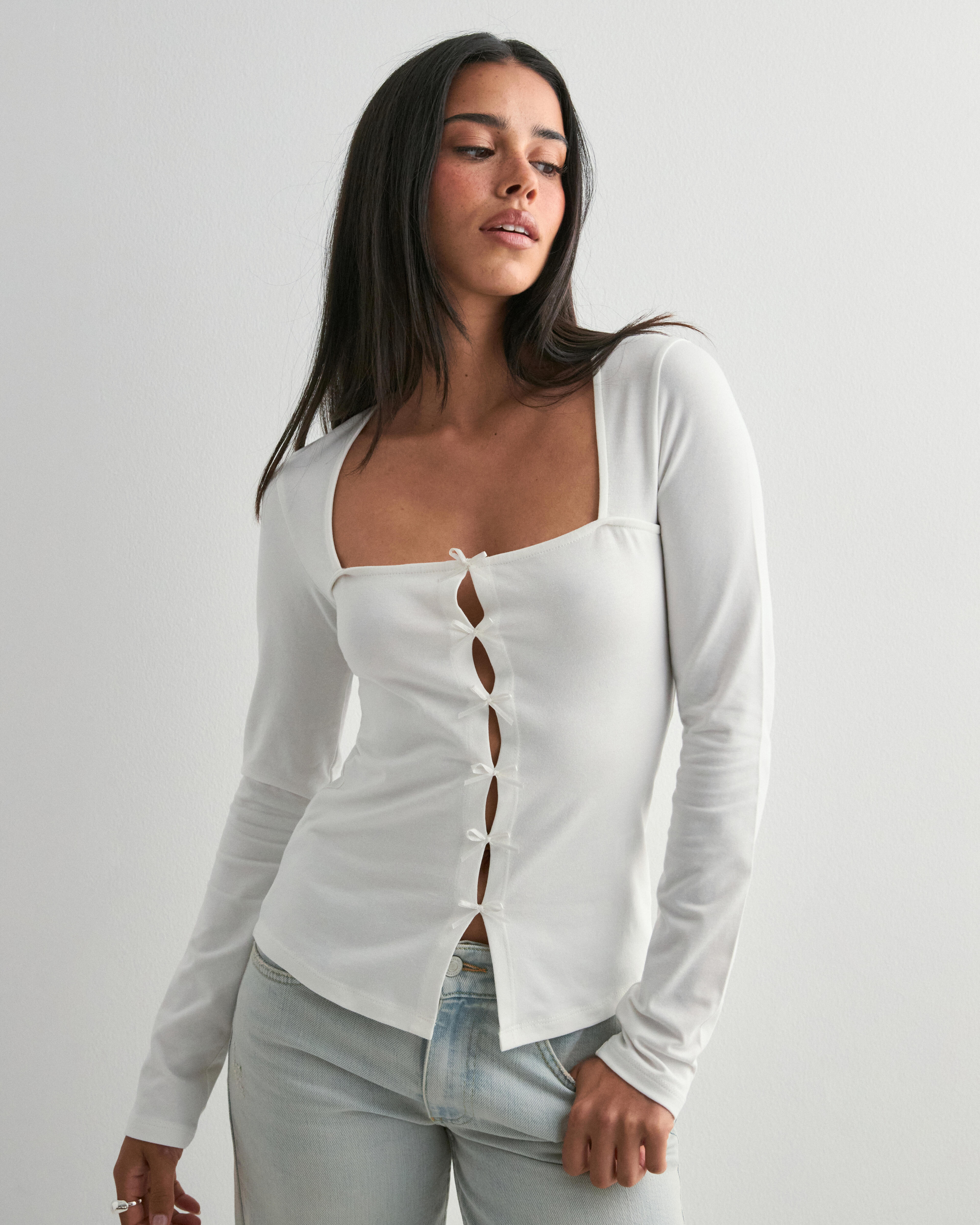 Buy Nelly Square Bow LS Top - White | Nelly.com
