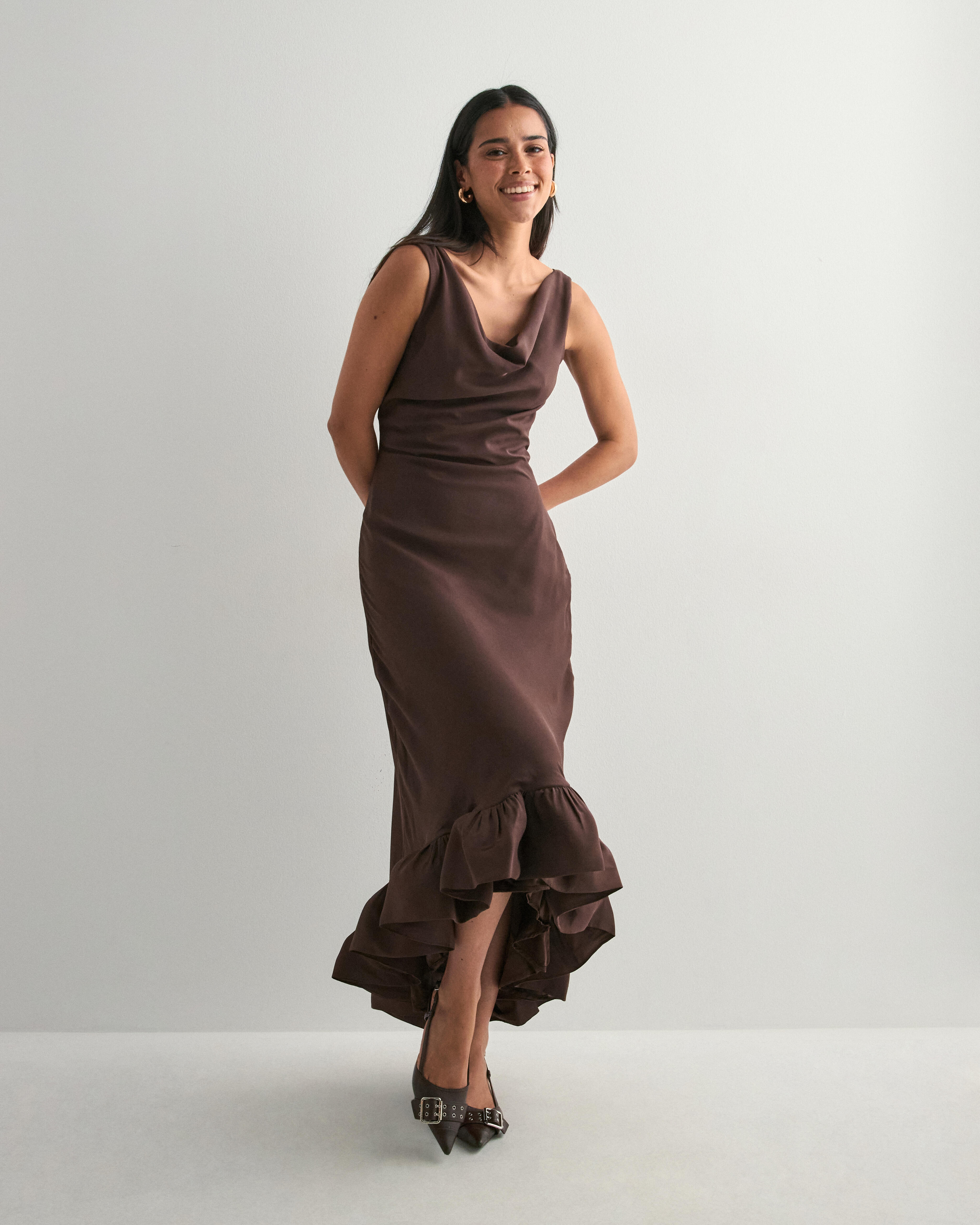 Buy Malina Alia Cowl Neck Ruffled Maxi dress - Chocolate | Nelly.com