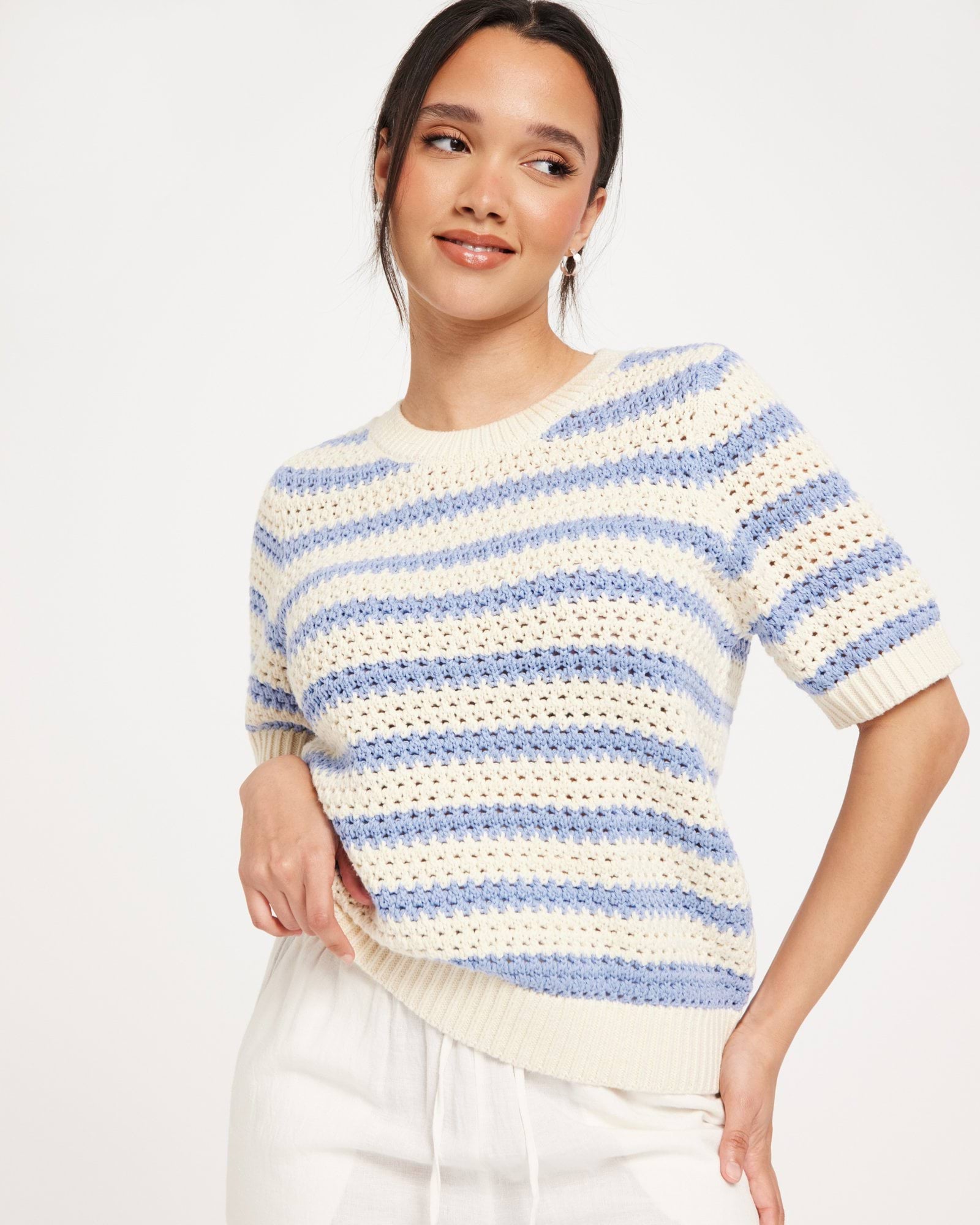 Buy Selected Femme SLFALBY SS KNIT O-NECK - Birch Blue Heron | Nelly.com
