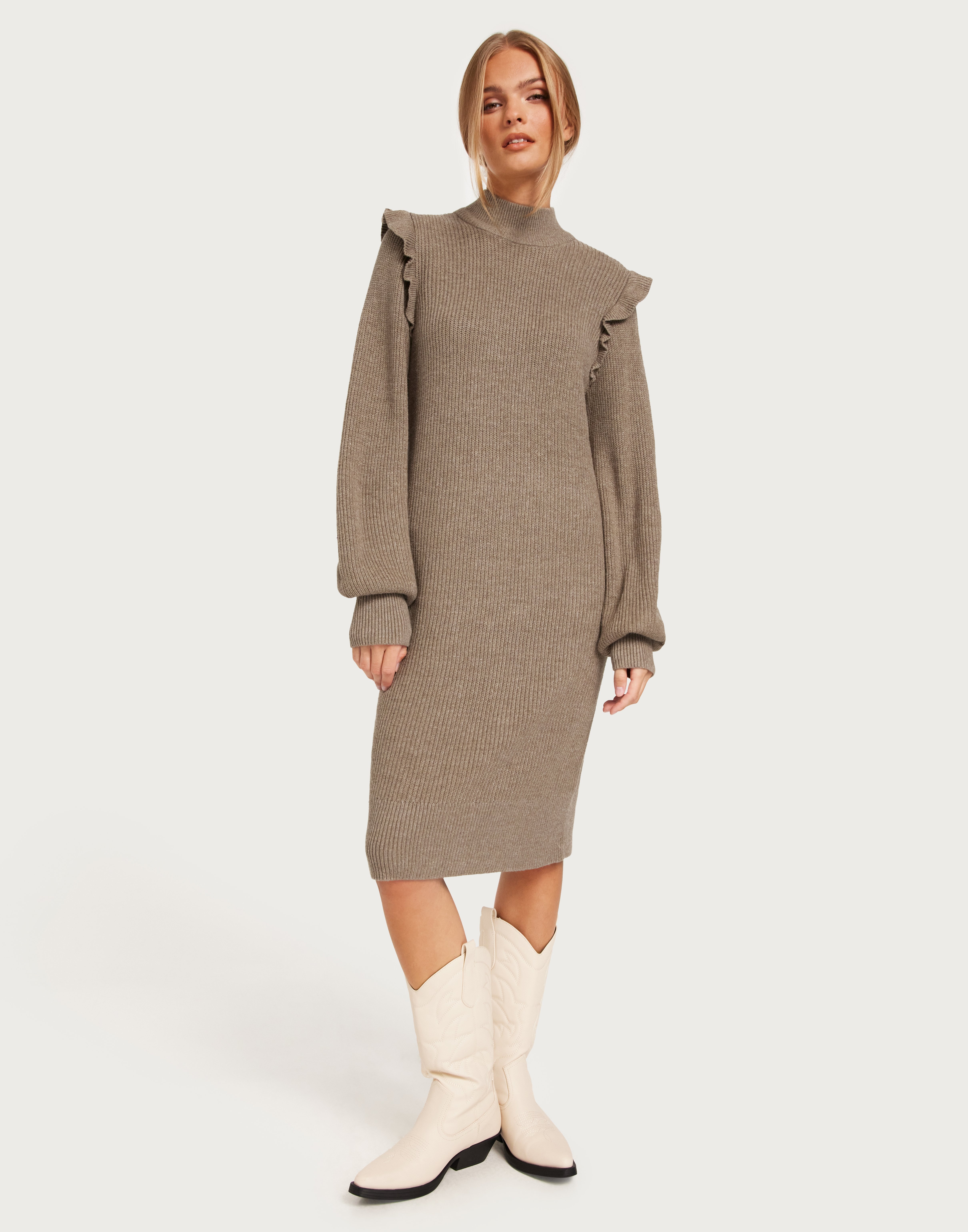 Buy OBJECT OBJMALENA L/S RUFFLE KNIT DRESS NOO - Fossil Melange | Nelly.com