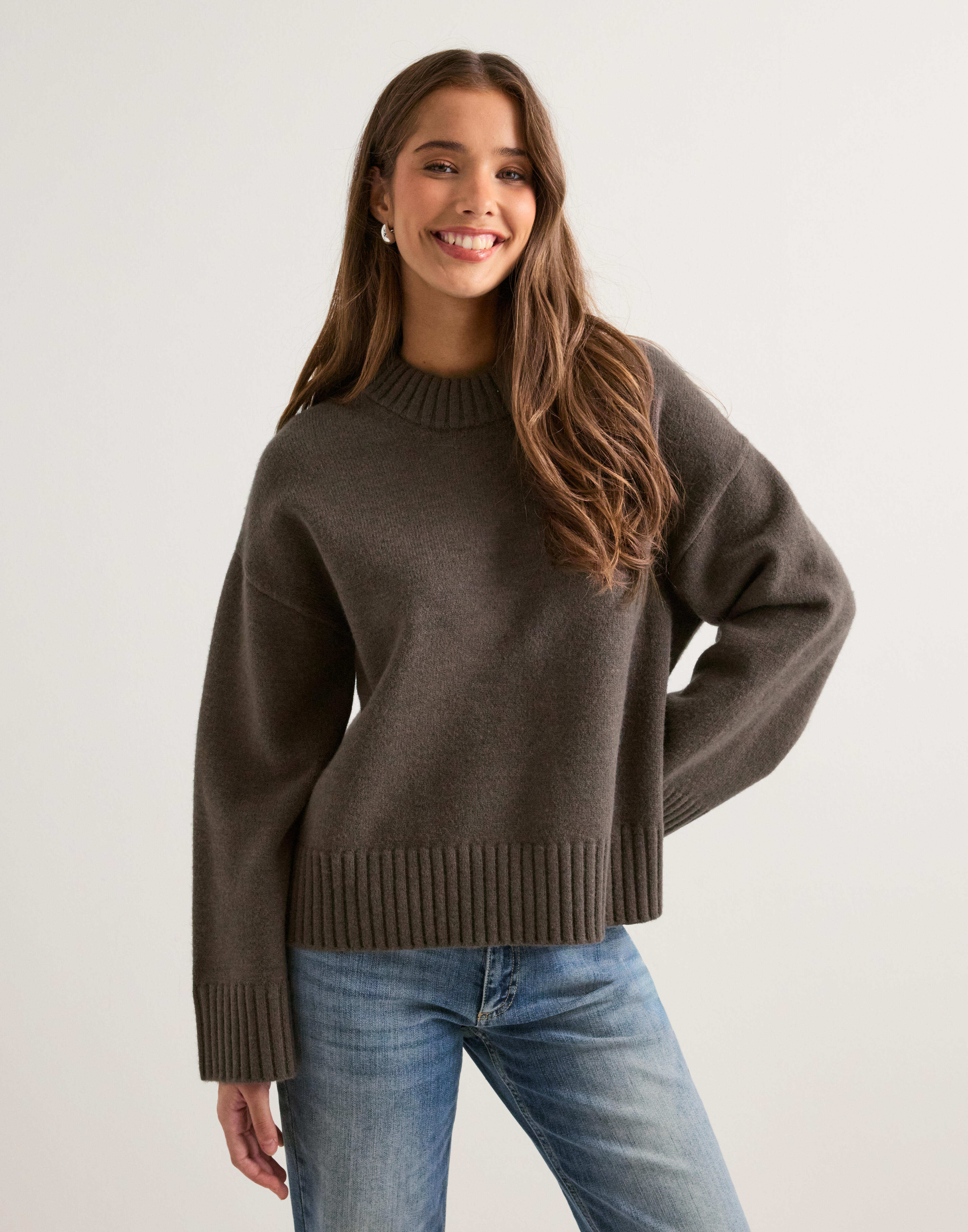 Buy Gina Tricot Crew neck knitted sweater - Brown Melange | Nelly.com
