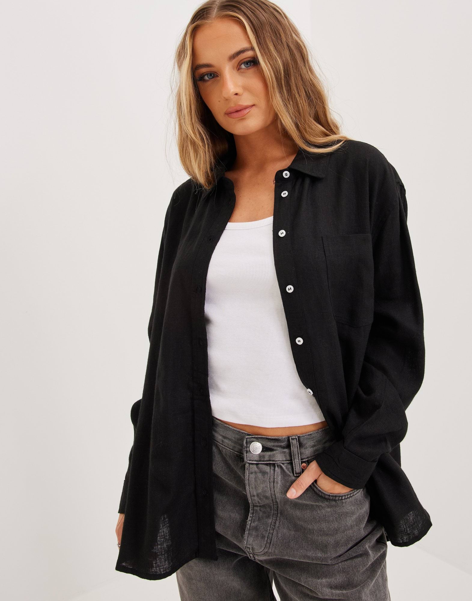 Osta Only ONLTOKYO L/S LINEN BLEND SHIRT PNT - Black | Nelly.com